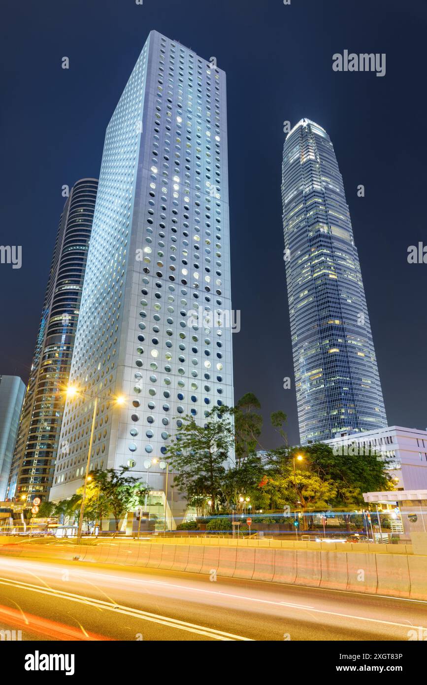 Awesome night bottom view of skyscrapers at downtown of Hong Kong ...