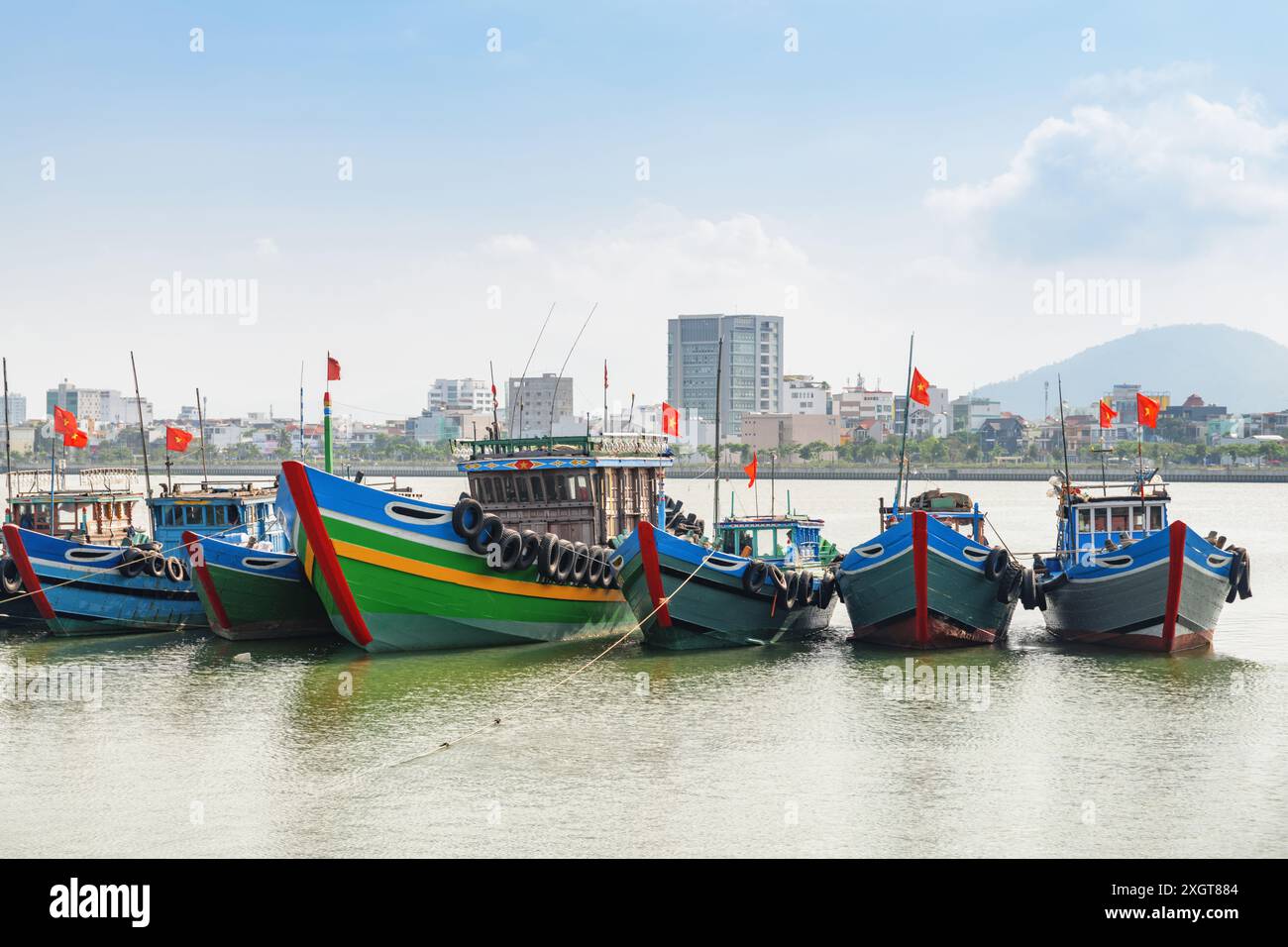 Scenic view of traditional fishing boats on Han River, Da Nang, Vietnam ...