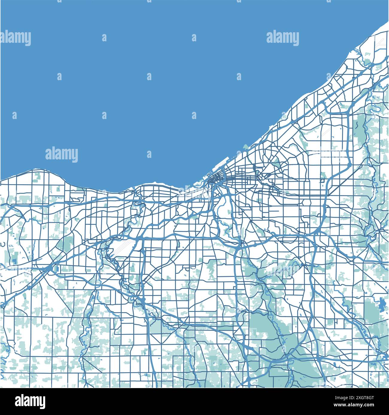 Map of Cleveland in Ohio in blue. Contains layered vector with roads ...