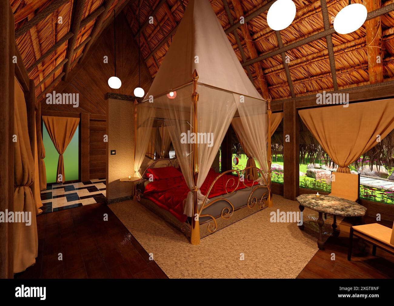 3D rendering of a bedroom interior in a traditional Batak house Stock ...