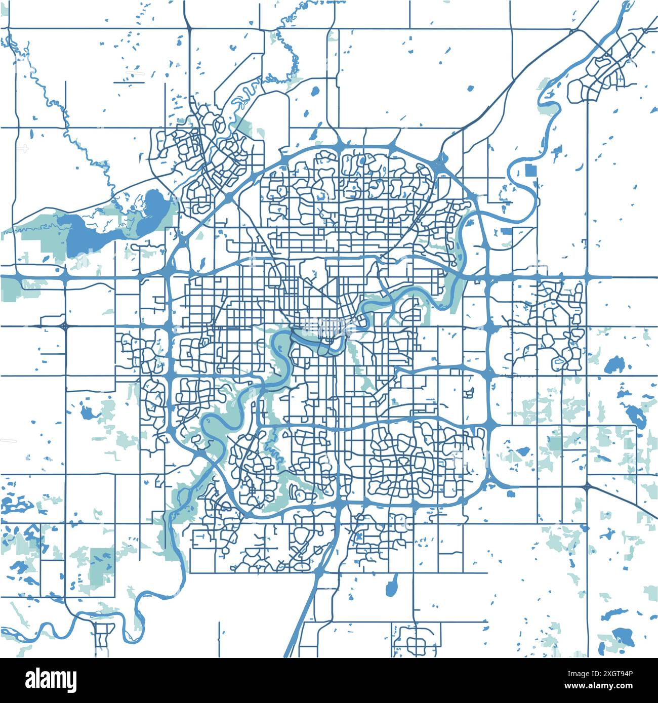 Map of Edmonton in Canada in blue. Contains layered vector with roads ...