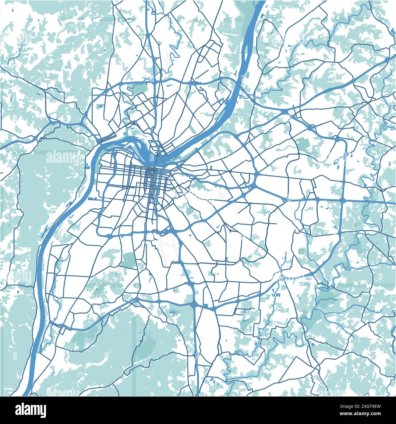 Map of Louisville in Kentucky in blue. Contains layered vector with roads water, parks, etc ...