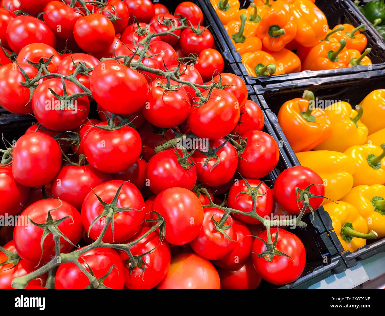 Bavaria, Germany - July 10, 2024: Tomatoes and peppers in the fruit and ...