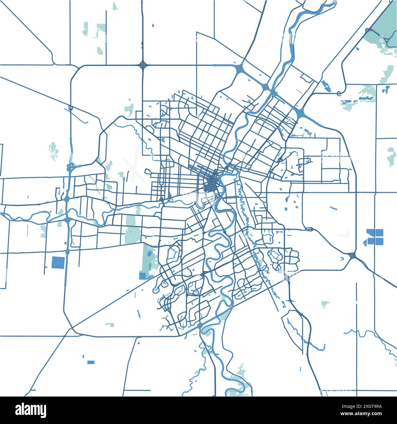 Map of Winnipeg in Canada in blue. Contains layered vector with roads ...