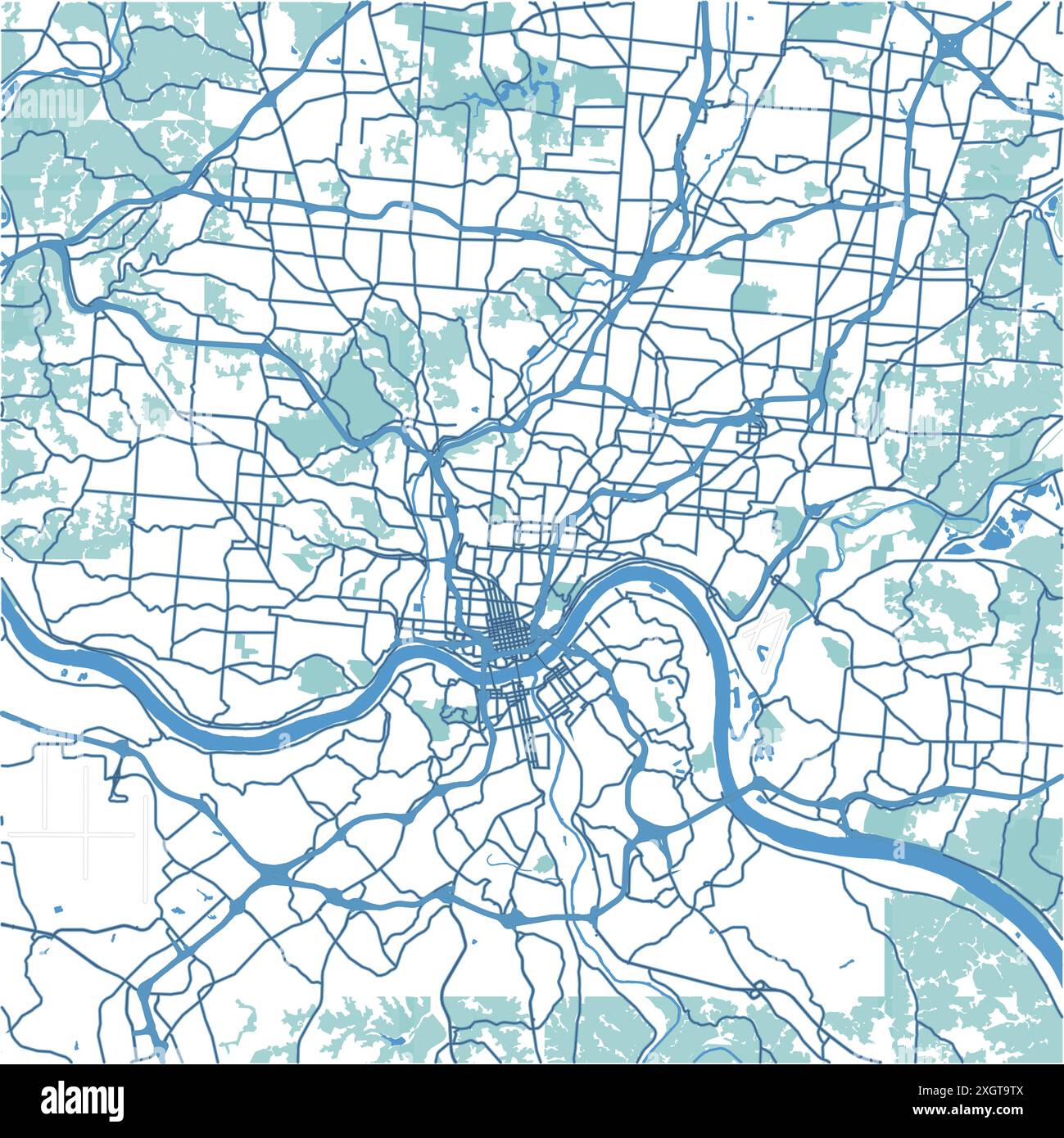 Map of Cincinnati in Ohio in blue. Contains layered vector with roads ...