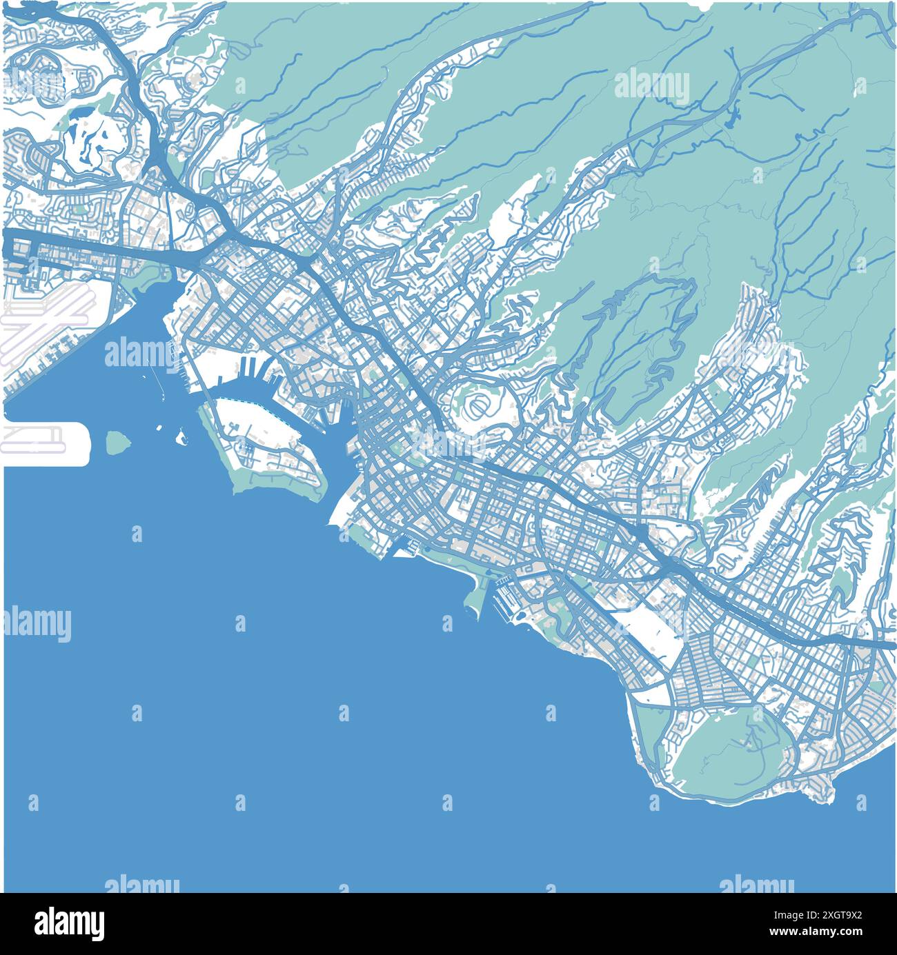 Map of Honolulu in Hawaii in blue. Contains layered vector with roads ...