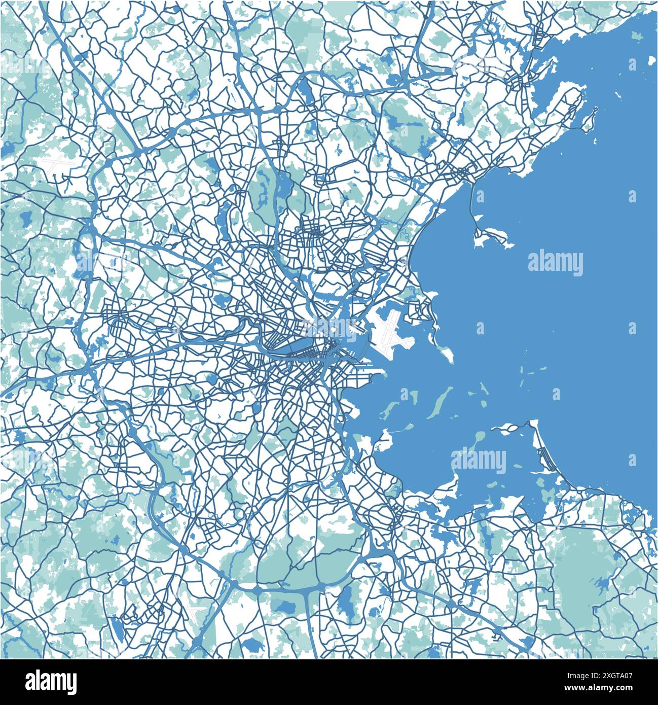 Map of Boston in Massachusetts in blue. Contains layered vector with roads water, parks, etc ...