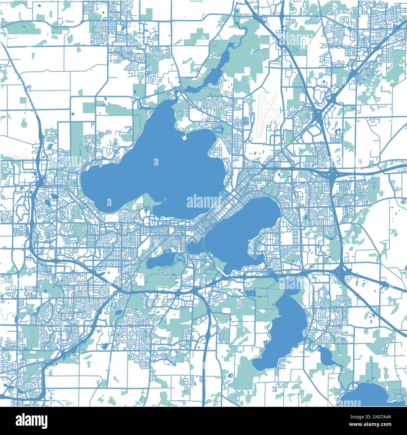 Map of Madison in Wisconsin in blue. Contains layered vector with roads ...