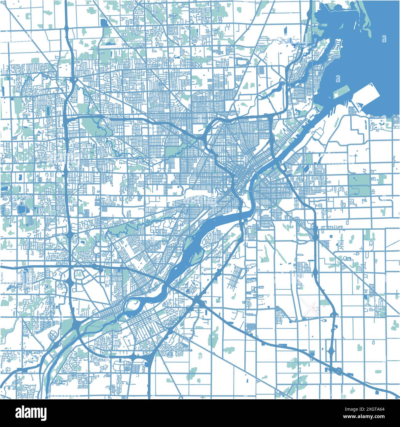 Map of Toledo in Ohio in blue. Contains layered vector with roads water ...