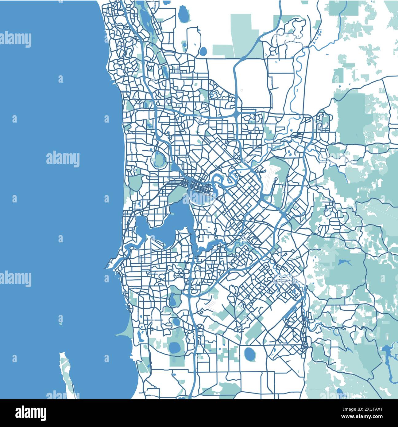 Map of Perth in Australia in blue. Contains layered vector with roads ...