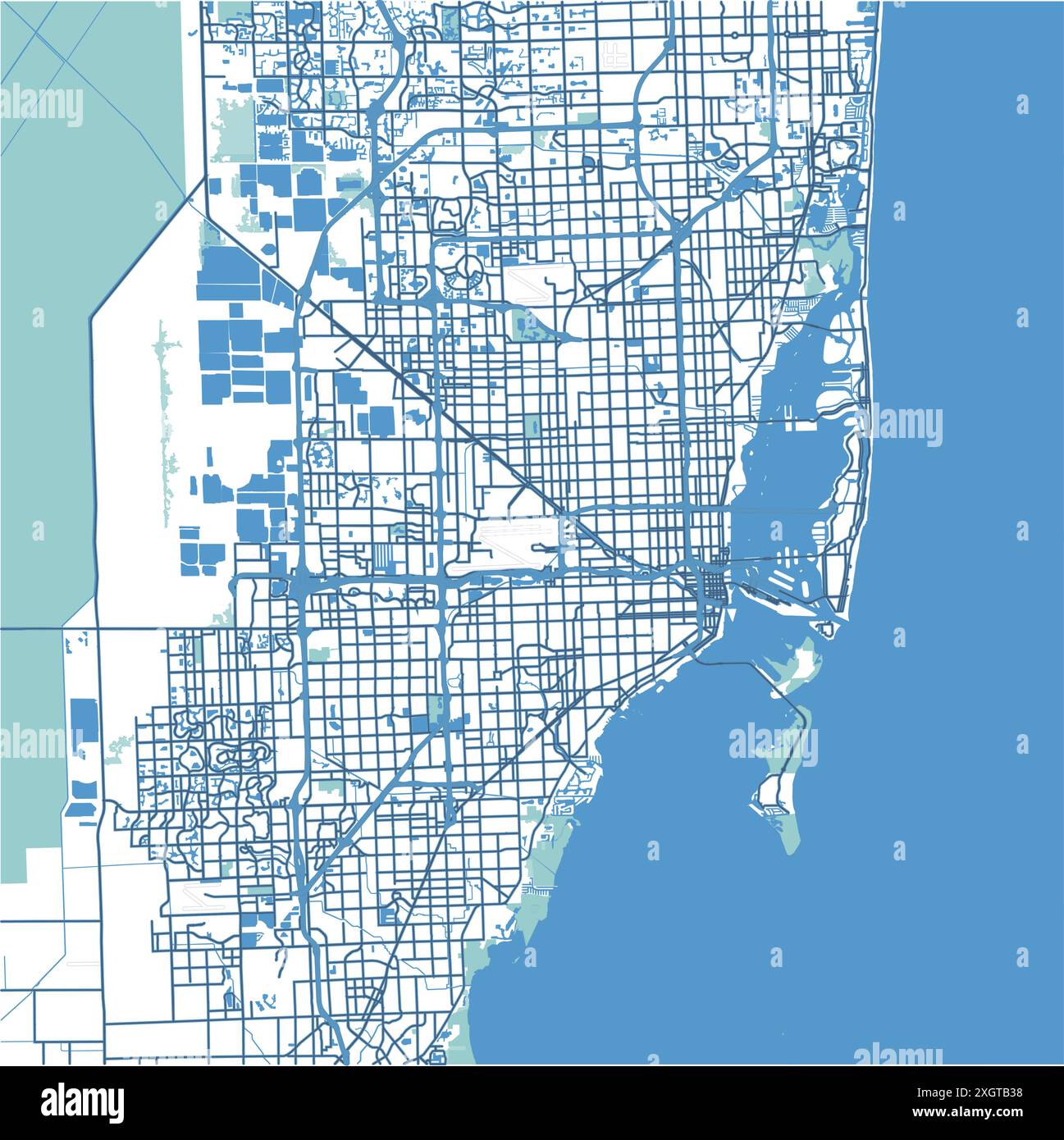 Map of Miami in Florida in blue. Contains layered vector with roads ...