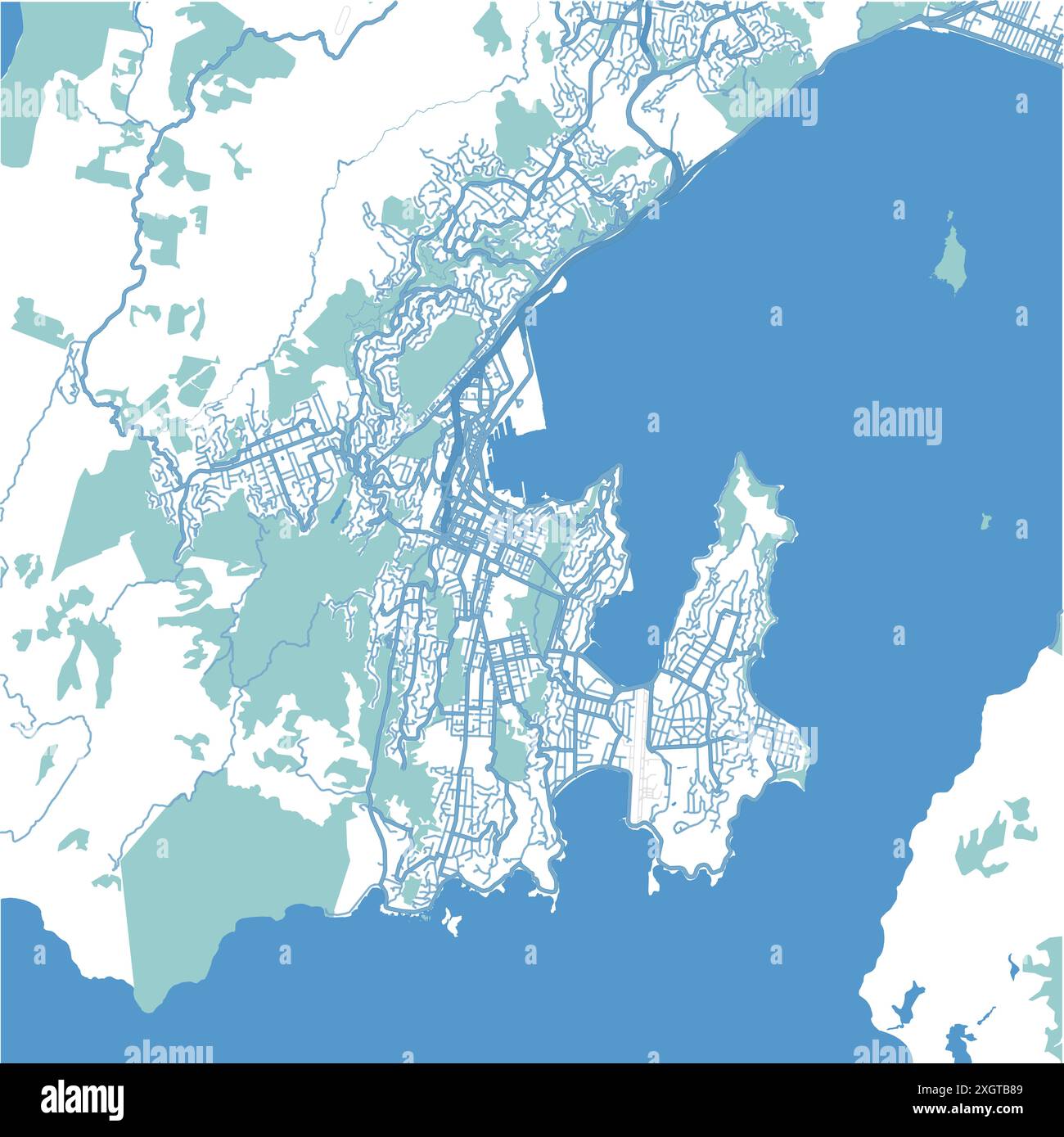 Map of Wellington in New Zealand in blue. Contains layered vector with roads water, parks, etc ...