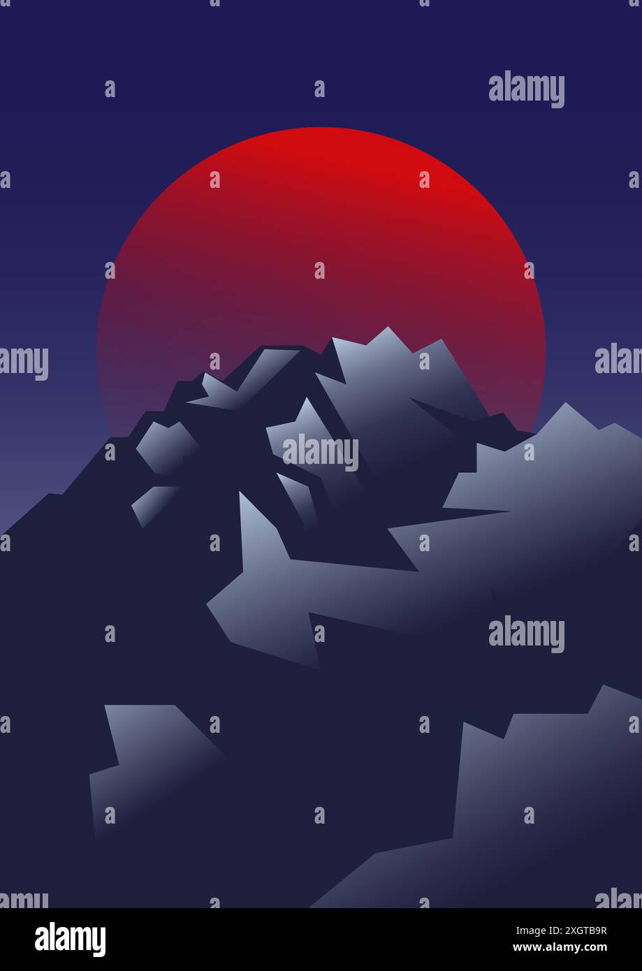 Mountains sunset landscape with white peaks illustration. 2d cartoon ...