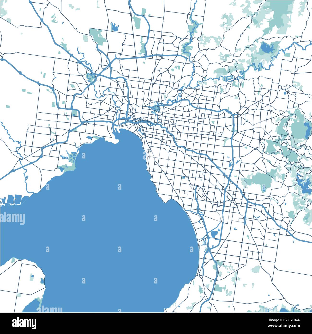 Map of Melbourne in Australia in blue. Contains layered vector with roads water, parks, etc ...