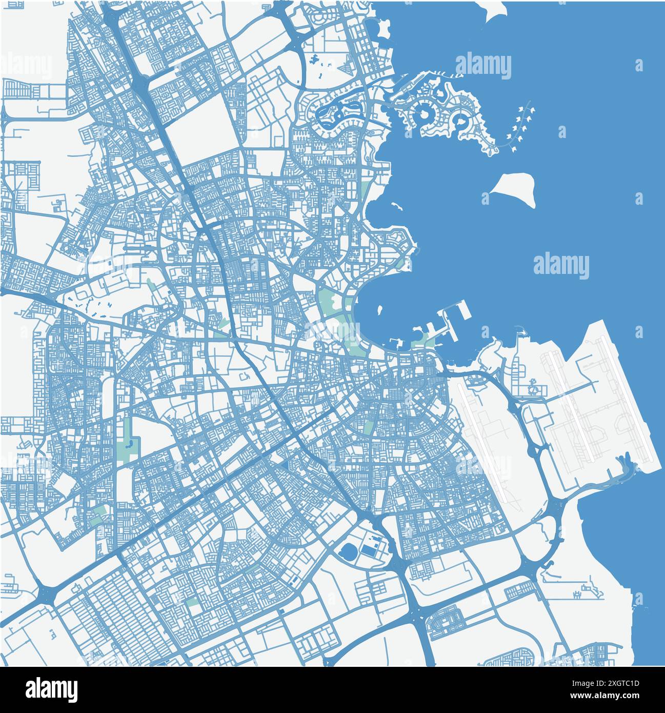 Map of Doha in Qatar in blue. Contains layered vector with roads water ...