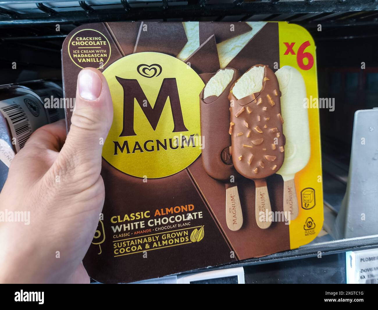 Bavaria, Germany - July 10, 2024: Customer holding a carton of Langnese ...