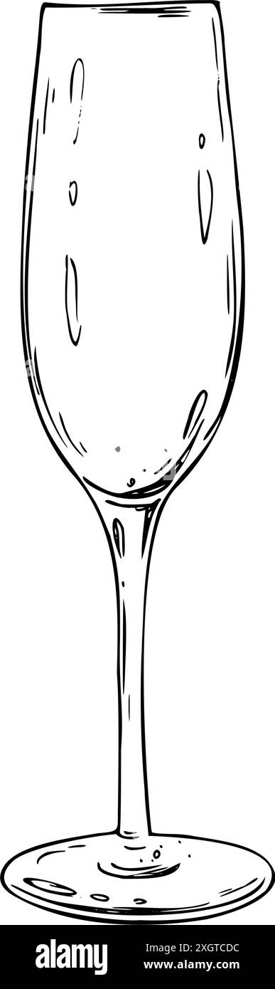 Empty elongated, elegant champagne glass. Line art is a simple hand ...