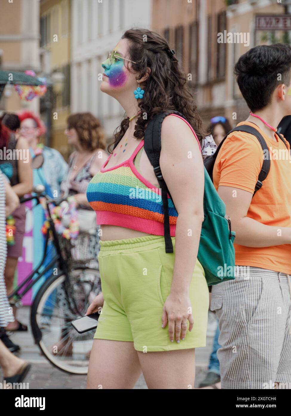 Cremona, Italy - July 6th 2024, Gay Pride lgbt parade, Young woman with ...