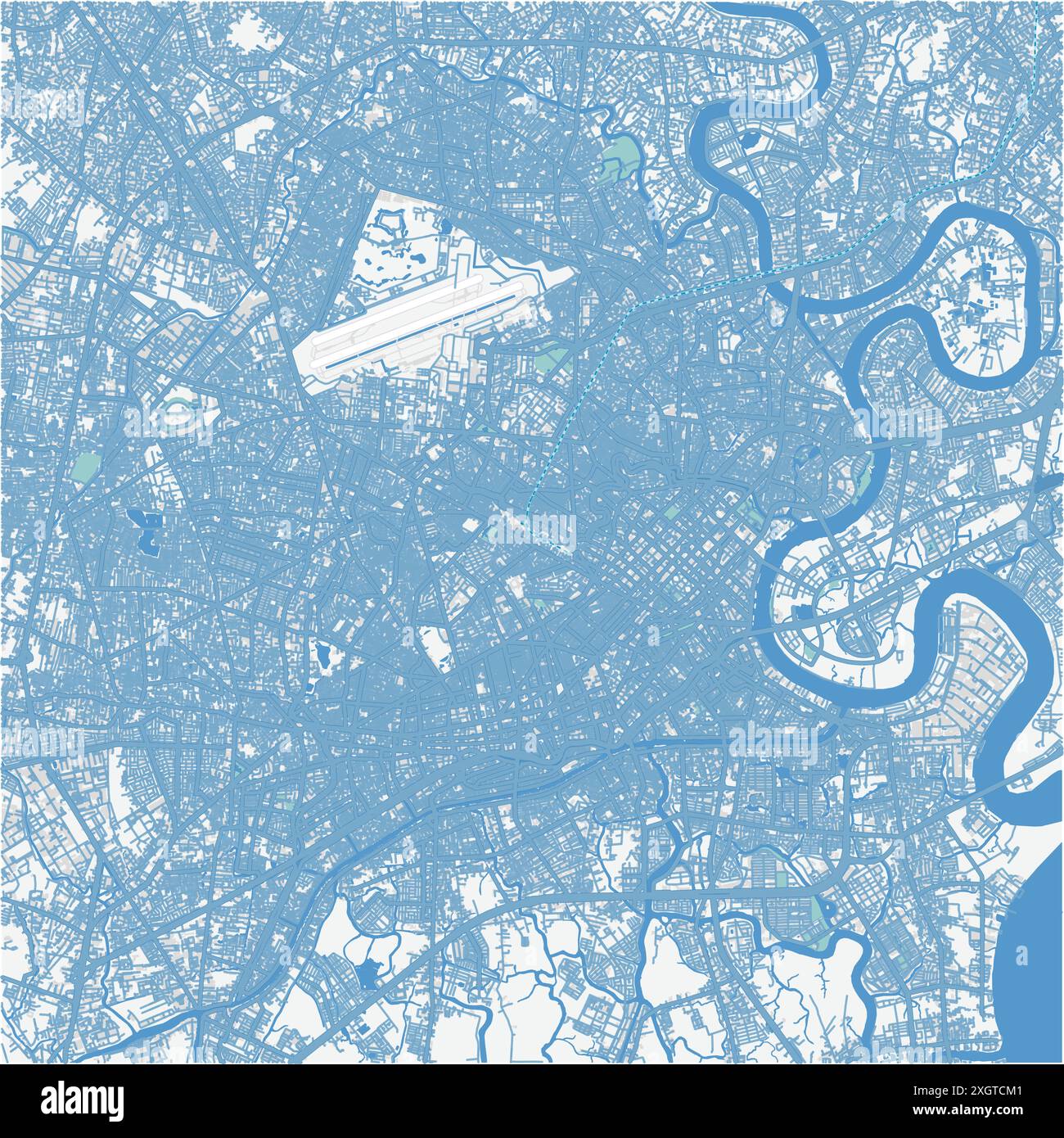 Map of Ho Chi Minh City in Vietnam in blue. Contains layered vector with roads water, parks, etc ...