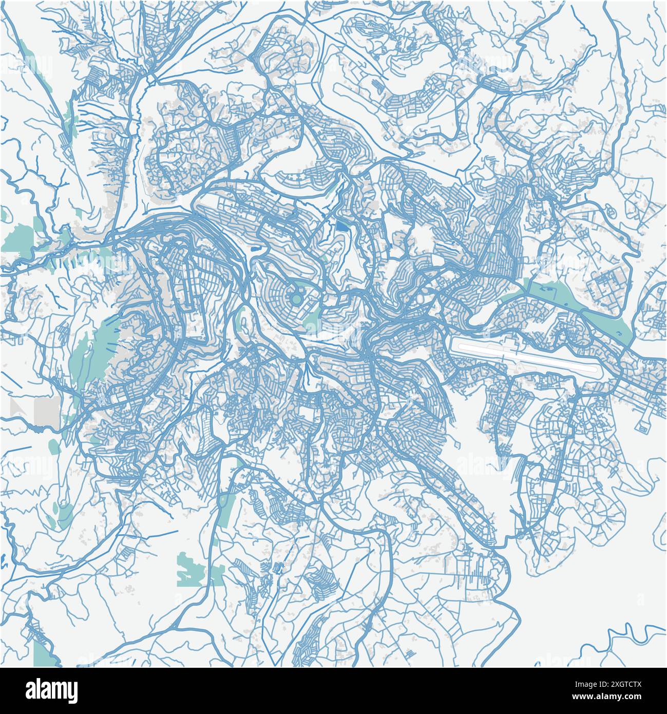 Map of Kigali in Rwanda in blue. Contains layered vector with roads ...