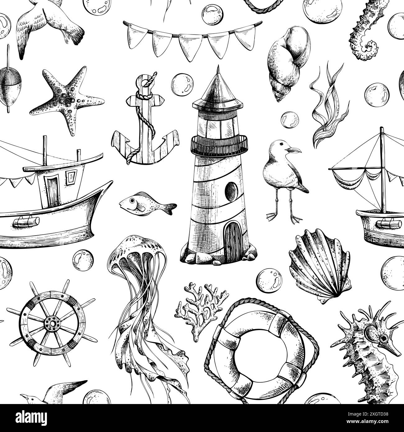 Nautical seamless pattern with marine underwater animals, a lighthouse ...