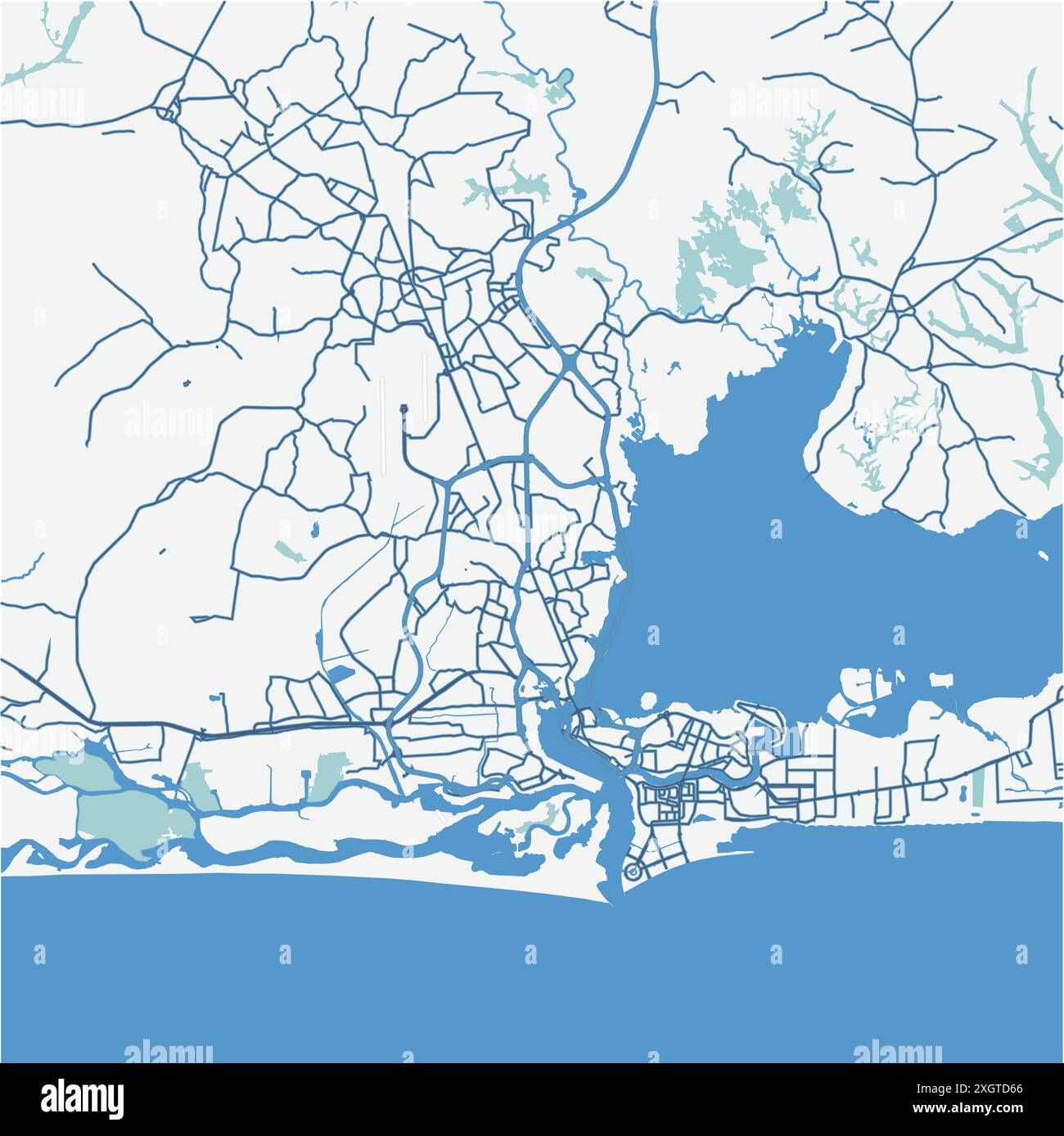 Map of Lagos in Nigeria in blue. Contains layered vector with roads ...