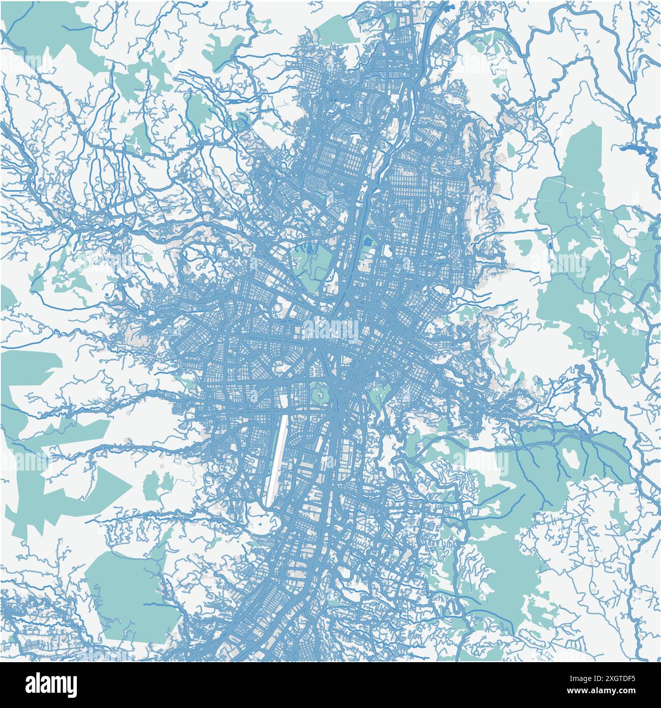 Map of Medellin in Colombia in blue. Contains layered vector with roads ...