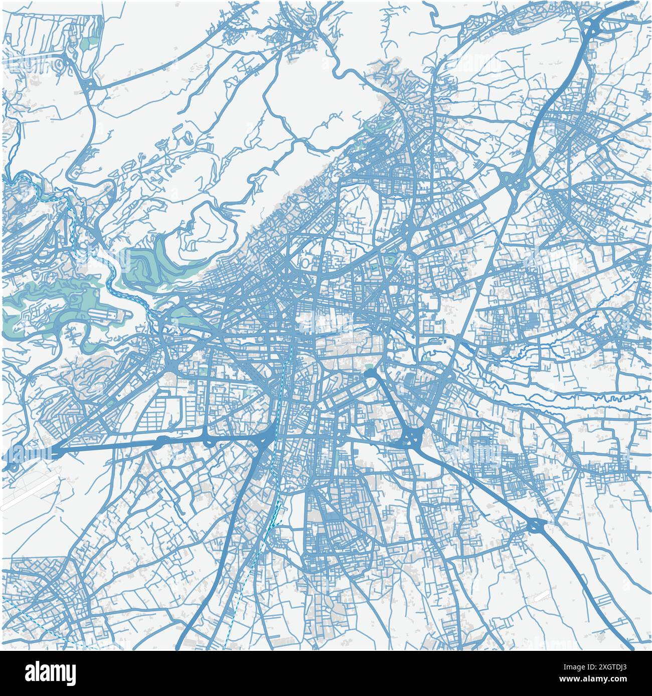 Map of Damascus in Syria in blue. Contains layered vector with roads ...