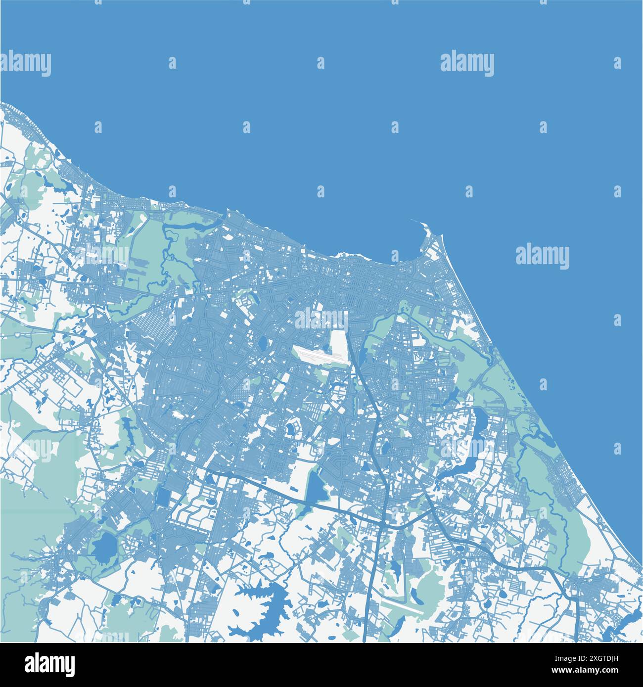 Map of Fortaleza in Brazil in blue. Contains layered vector with roads ...
