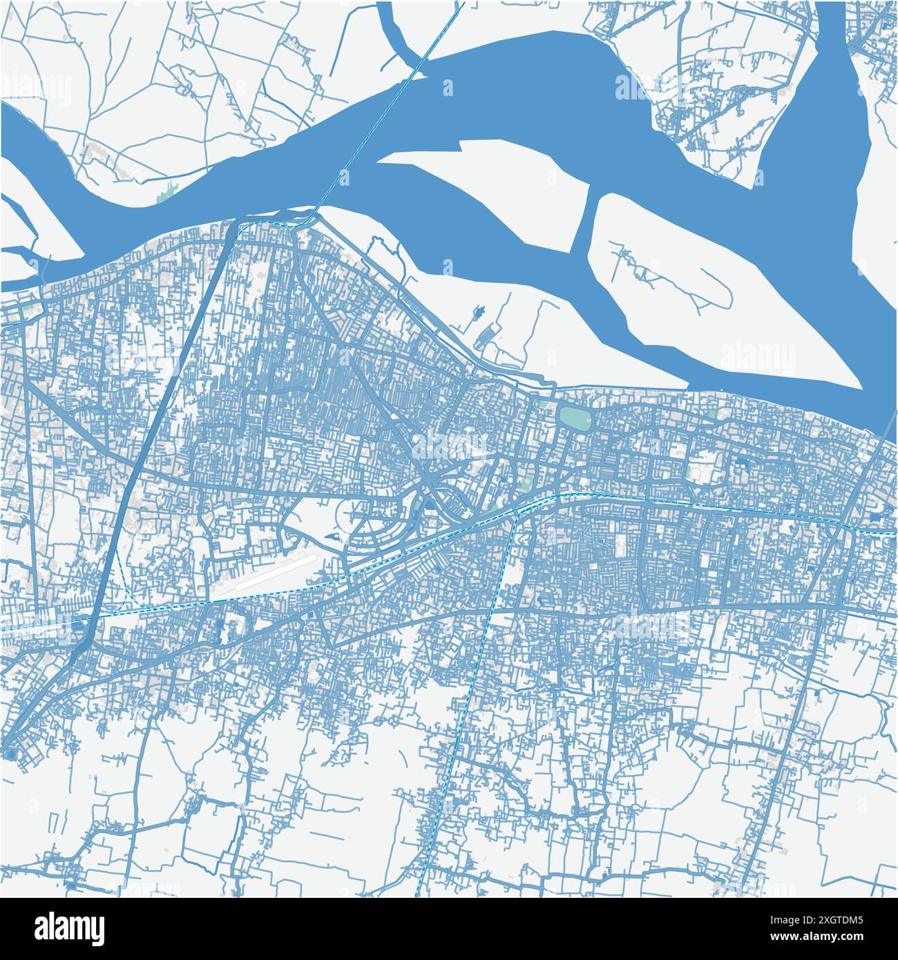 Map of Patna in India in blue. Contains layered vector with roads water ...
