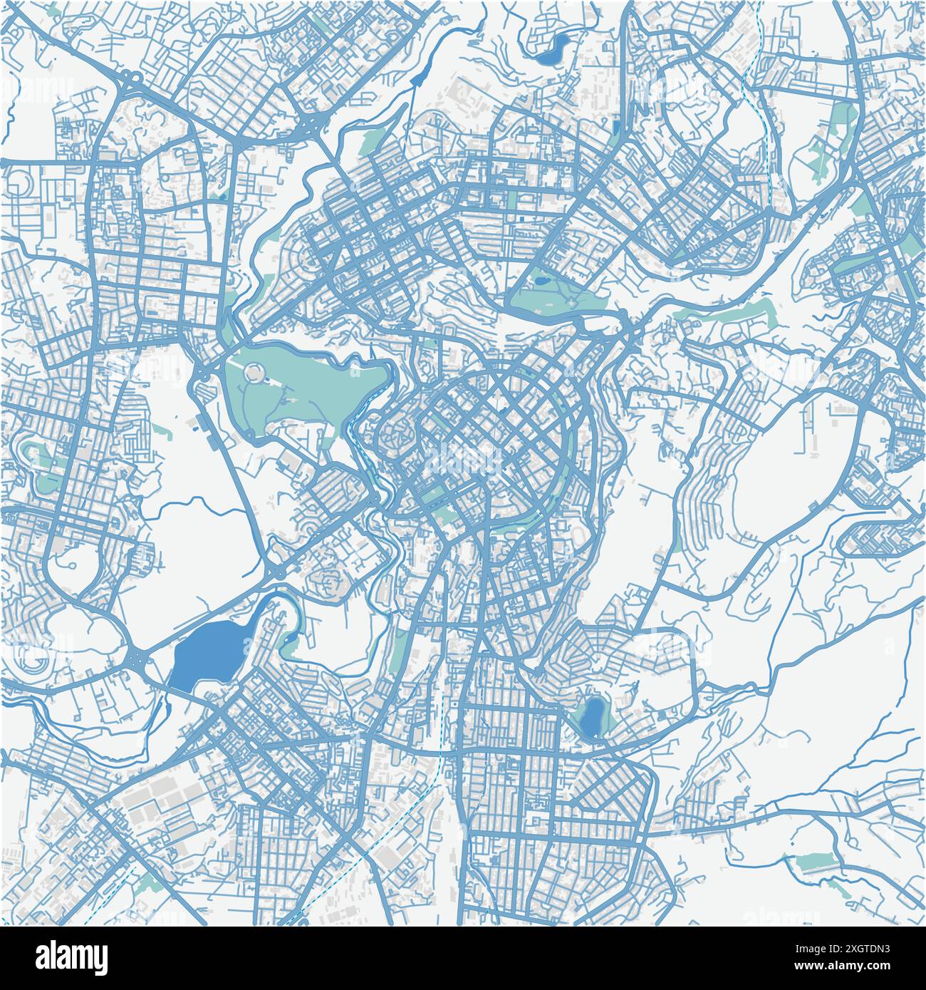 Map of Yerevan in Armenia in blue. Contains layered vector with roads ...