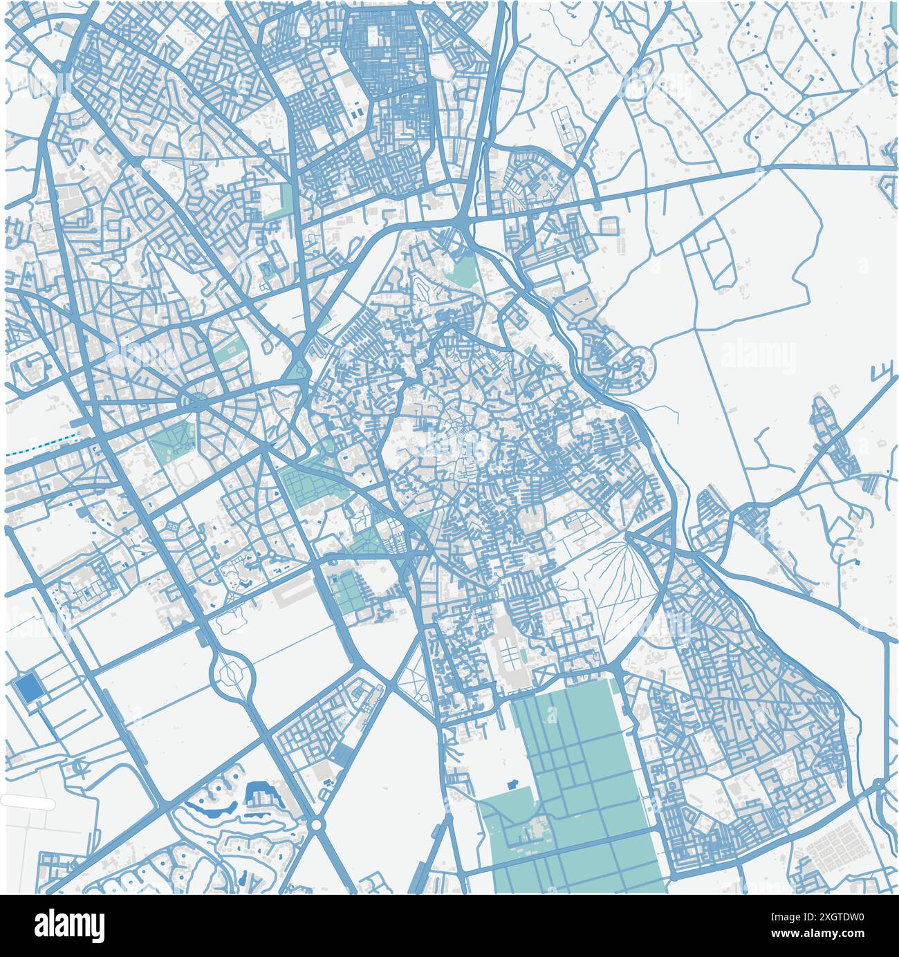 Map of Marrakesh in Morocco in blue. Contains layered vector with roads ...