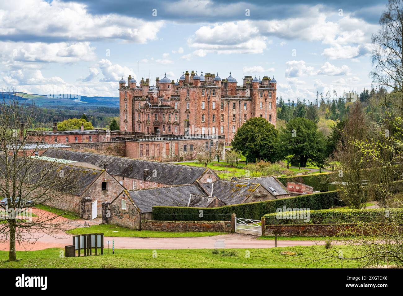 Elevated view of Drumlanrig Castle, known as the Pink Palace of ...
