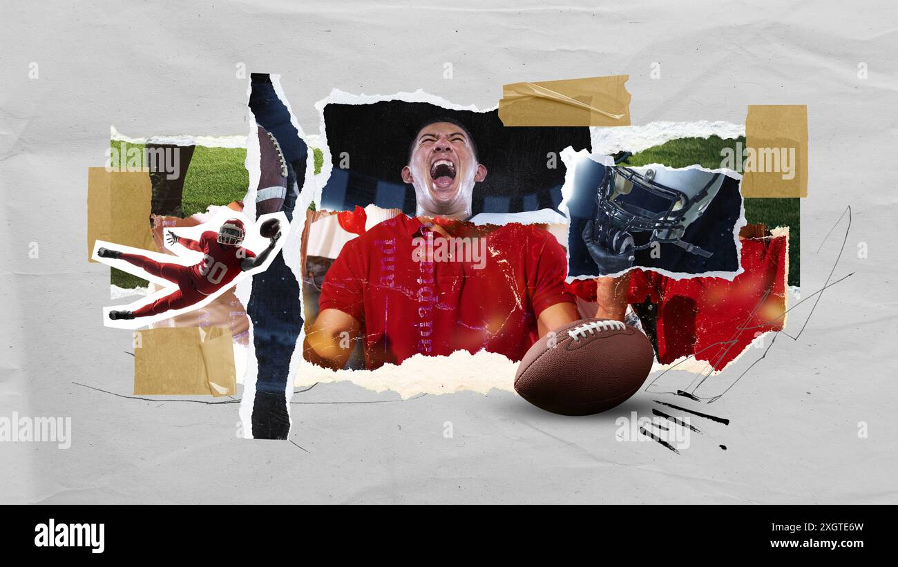 Creative collage capturing dynamic of American football with emotional ...