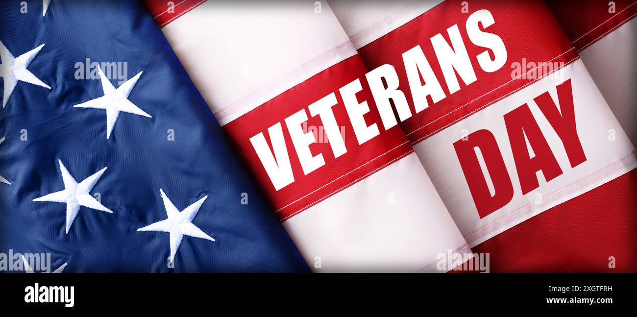 Veterans Day card. Words on national flag of USA, banner design Stock ...