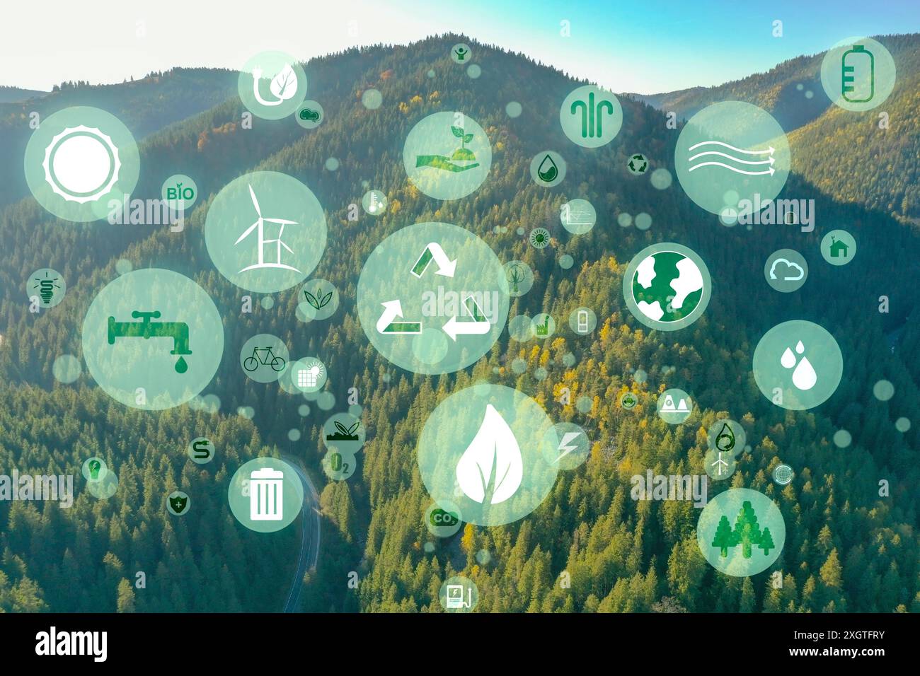 Environmental protection. Many different icons and mountain landscape ...