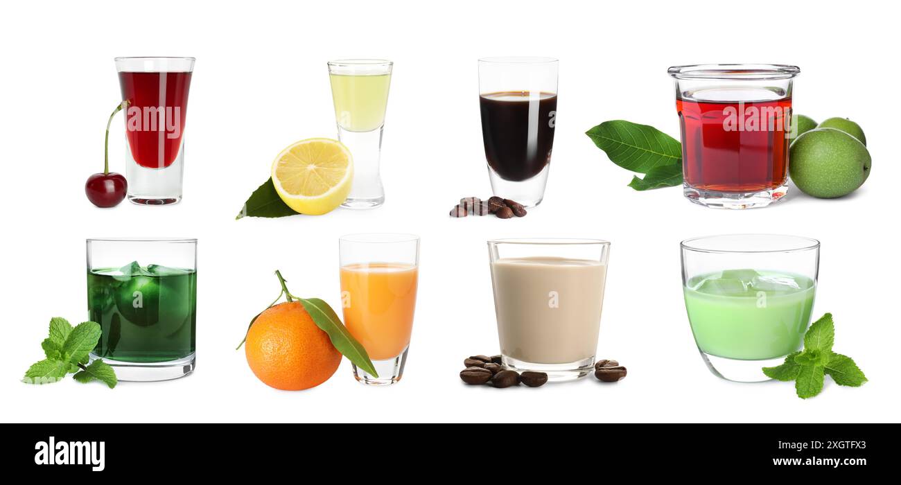 Different tasty liqueurs in glasses on white background, collection ...