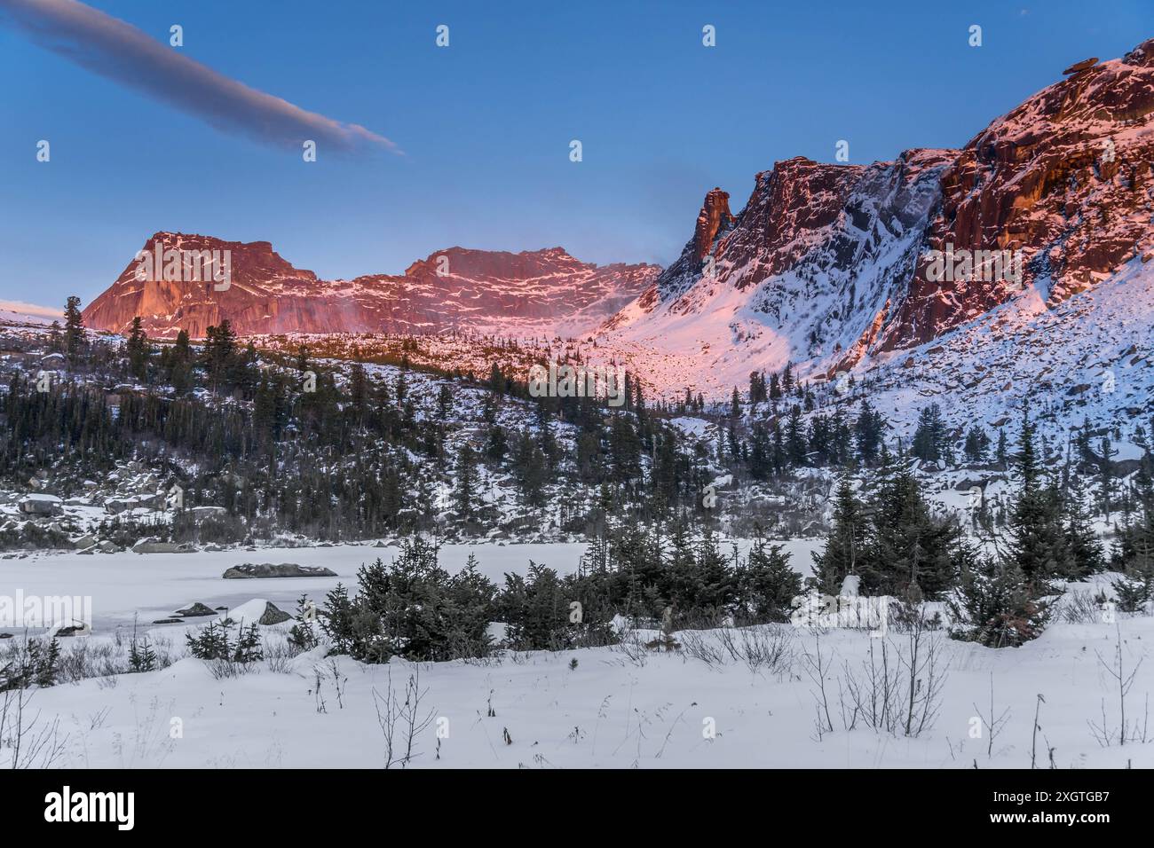 The colorful sunset over Ergaki national park in Russian Siberia, with ...