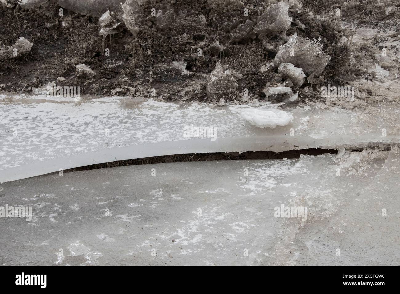Ice sheets melting on the shore on Frobisher Bay in Iqaluit, Nunavut ...