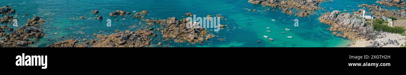 Aerial view of Pontusval Lighthouse and the beaches. Plounéour ...