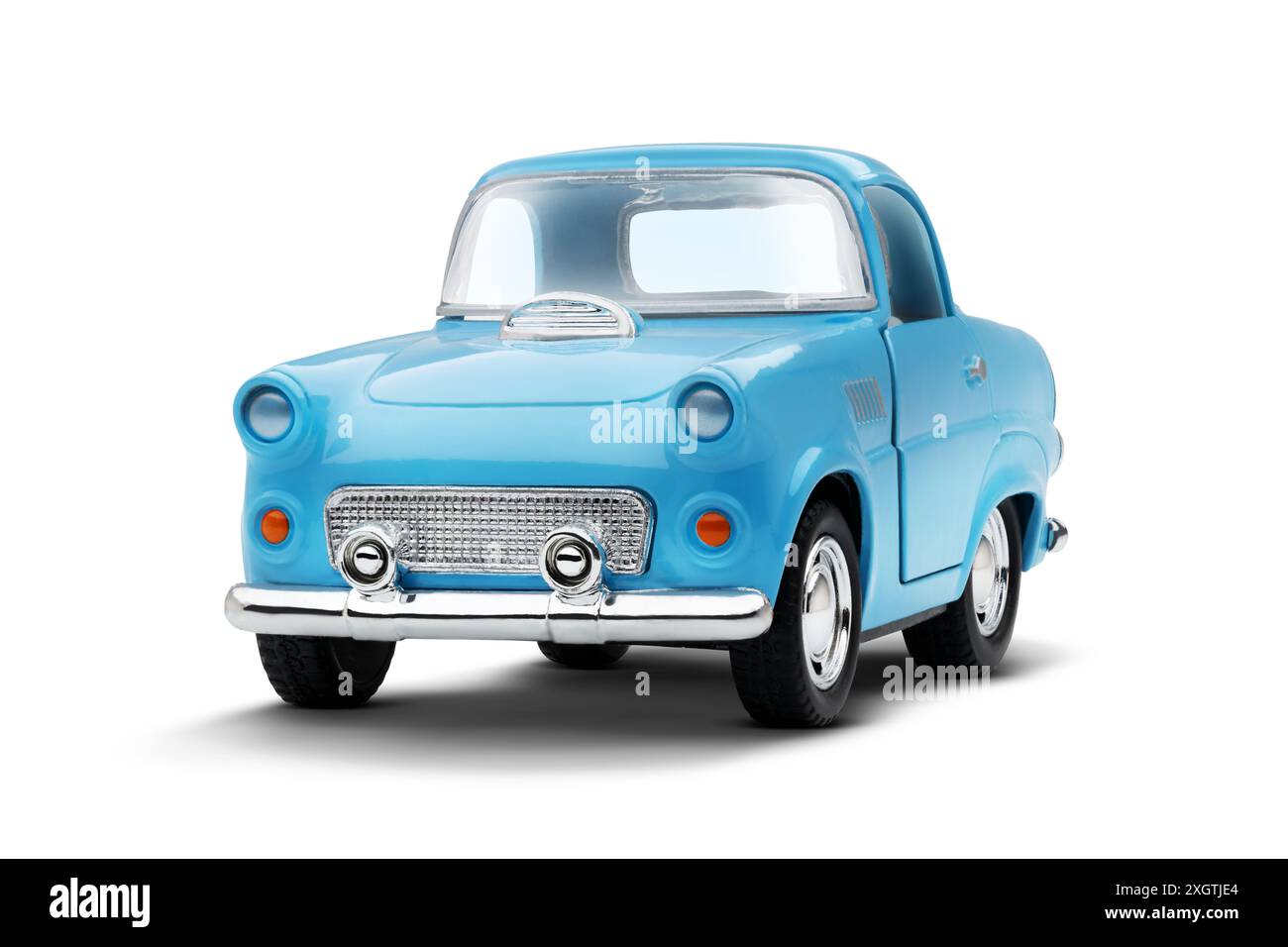 Blue toy car photographed from the front and left side against a white ...