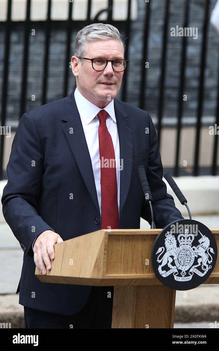 Keir Starmer of the Labour party gives a speech in Downing Street after winning the 2024 general ...
