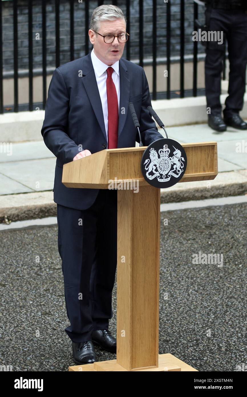 Keir Starmer of the Labour party gives a speech in Downing Street after ...