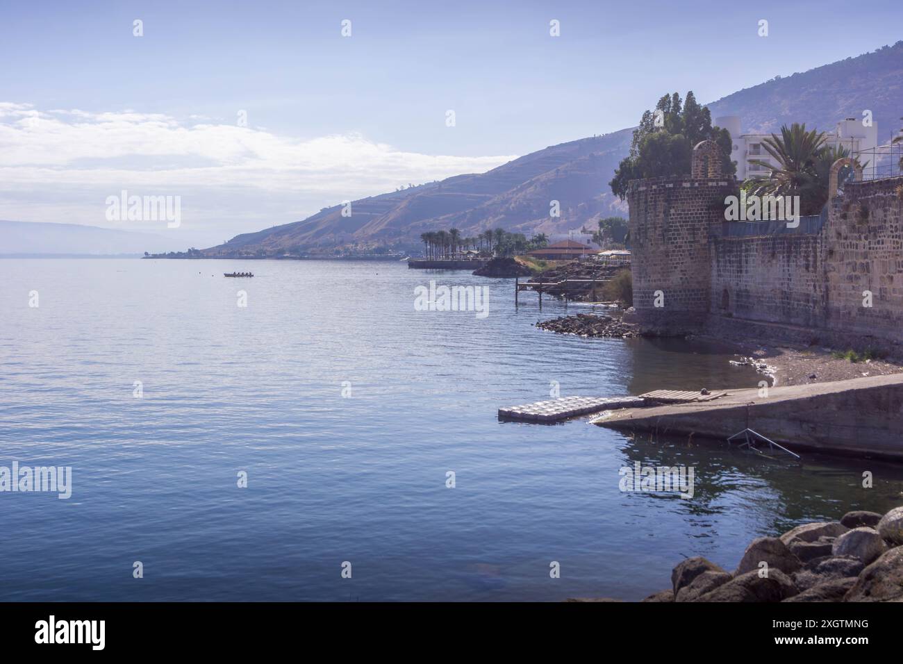 The beautiful coast and the old fortress of the sea of Galilee in ...