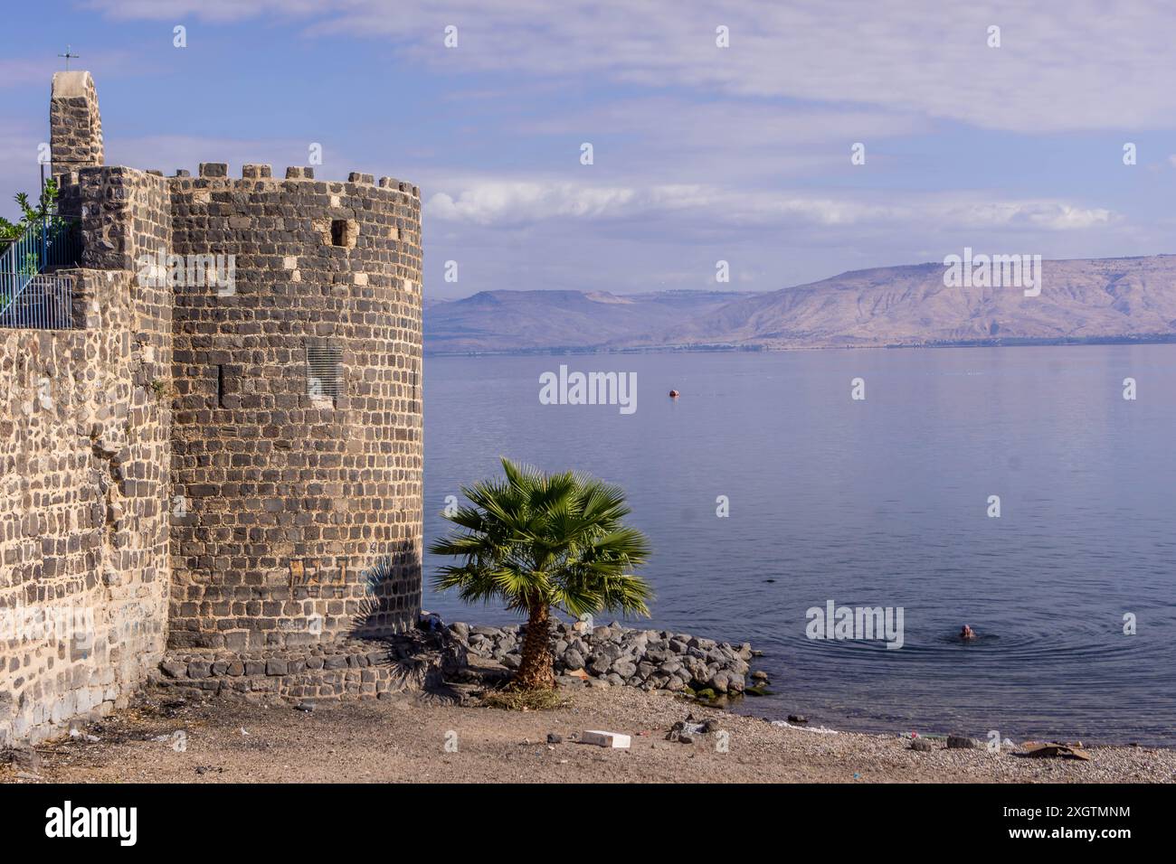 The old city of Tiberias, the wall and tower, on the coast of Sea of ...