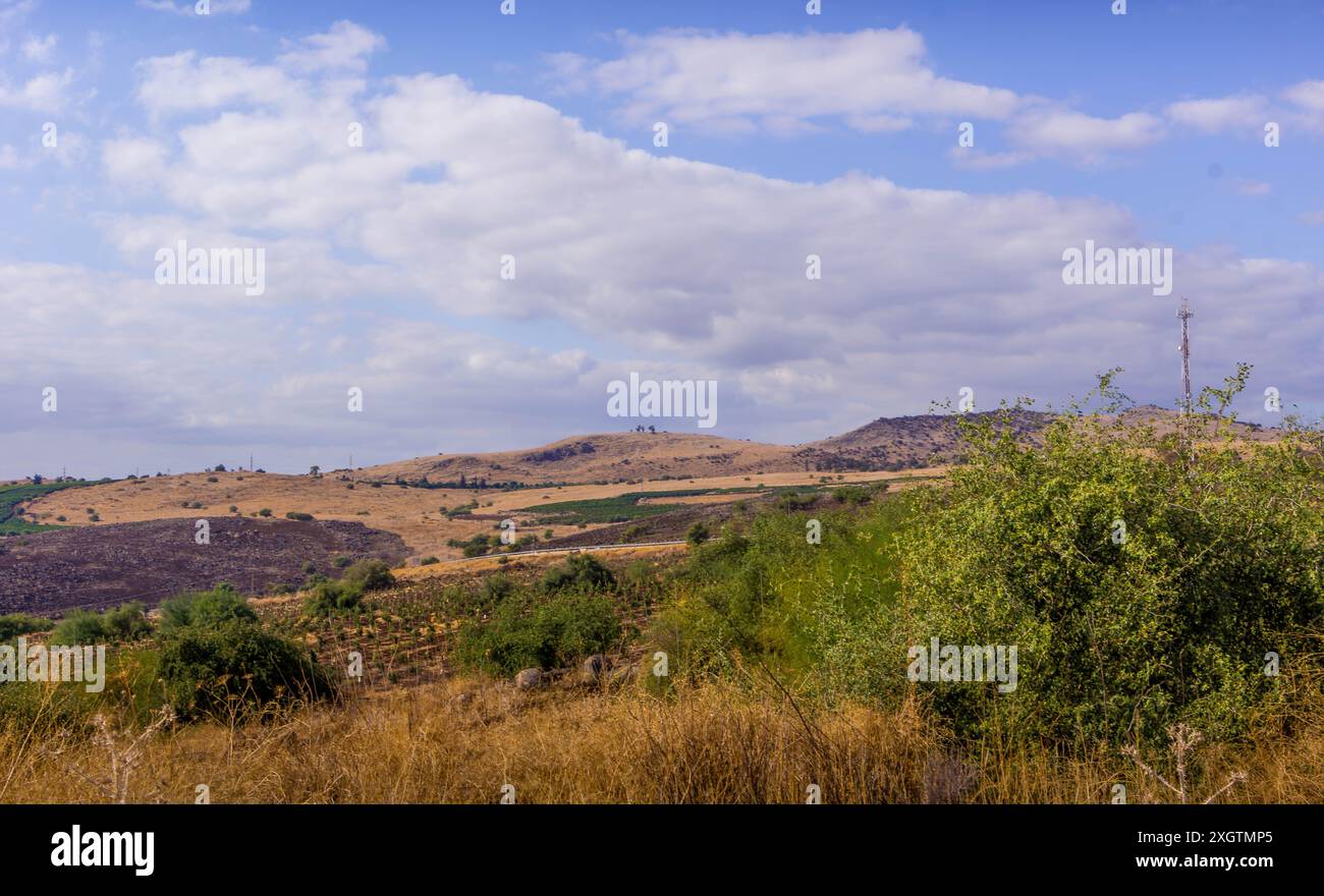 The hilly countryside in the area of Golan Heights, Galilee, with the ...