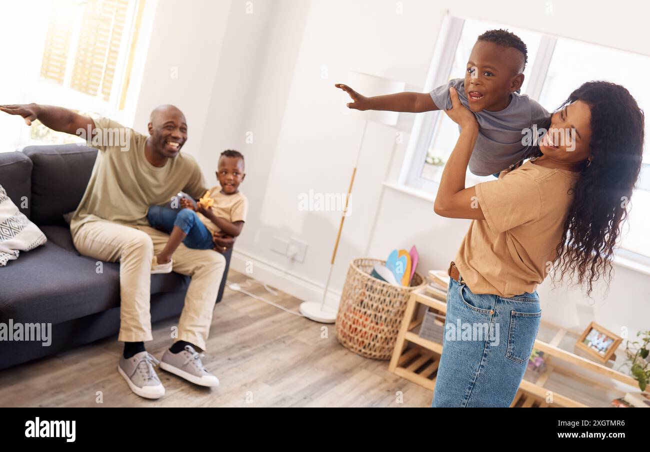 Mom, happy kid and airplane game in home with family, father and ...