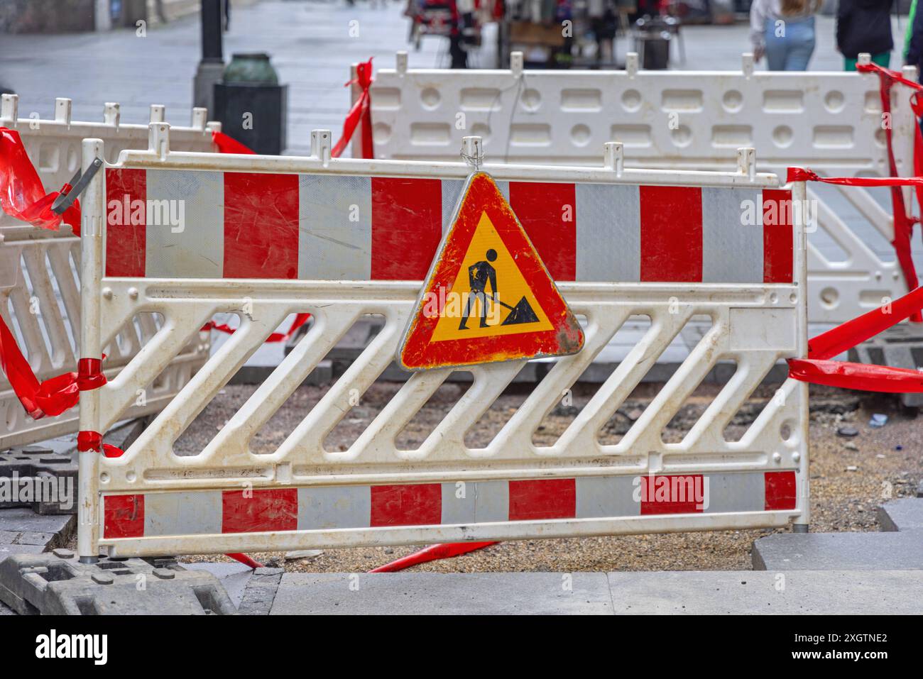 Road Works Traffic Sign Construction Barrier at Street Stock Photo - Alamy