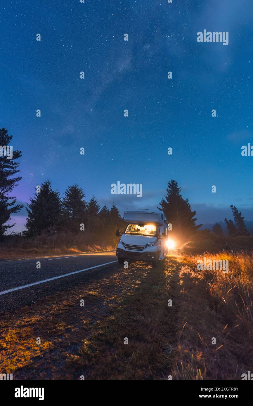 Beautiful milky way with starry in night sky and motorhome parked on ...