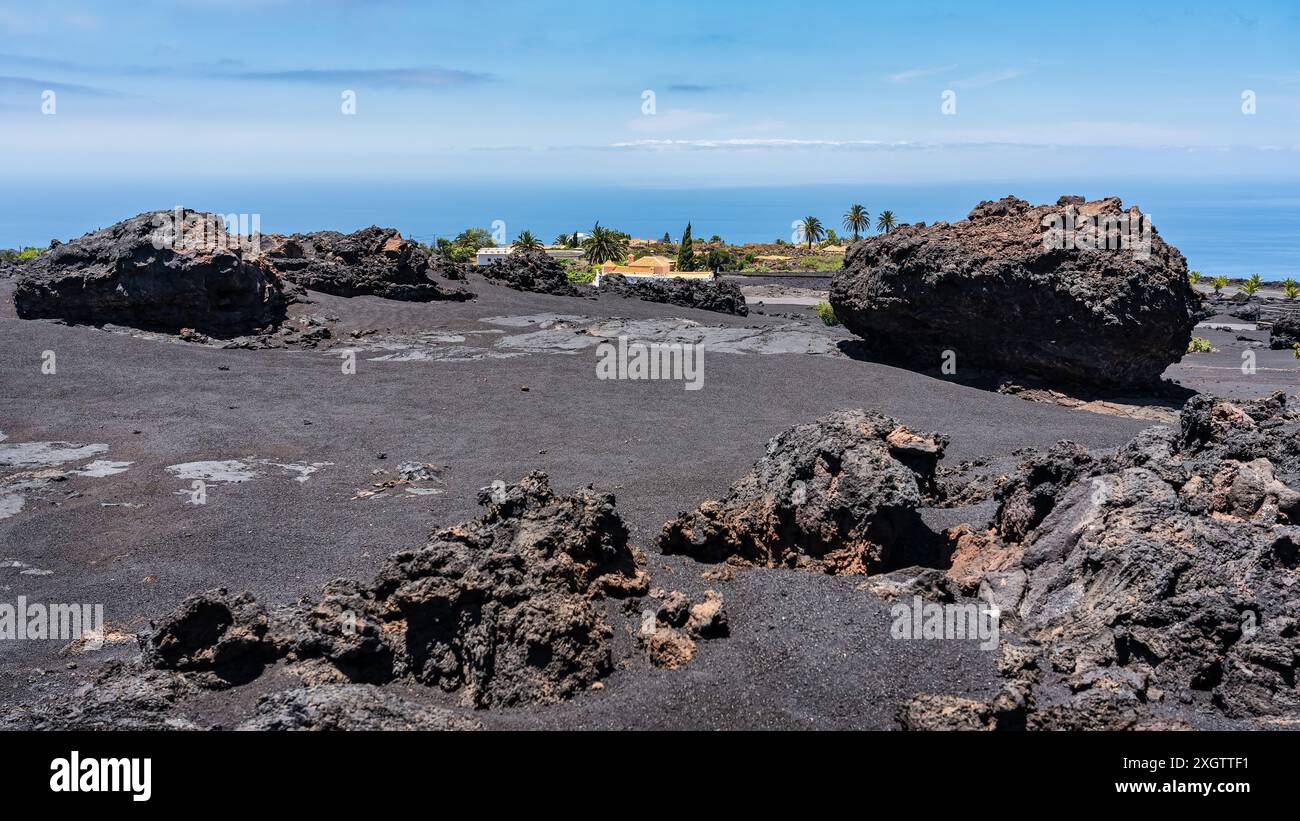 Volcanic landscape with black area and ash formed on the island of La ...